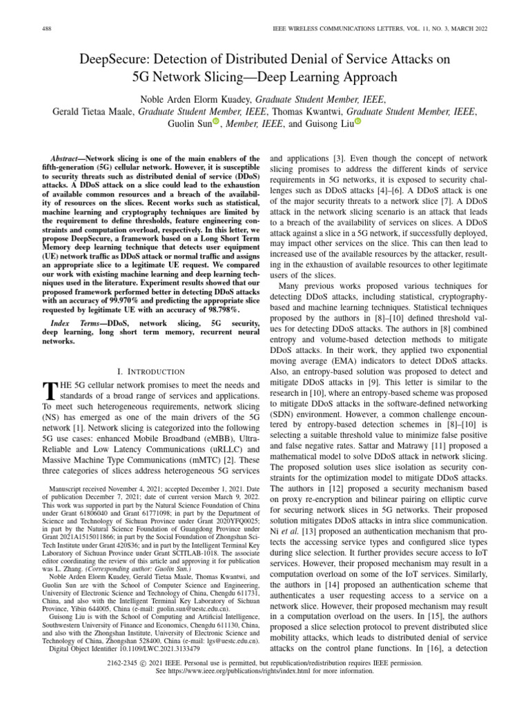 DeepSecure Detection of Distributed Denial of Service Attacks On 5G Network SlicingDeep Learning ...