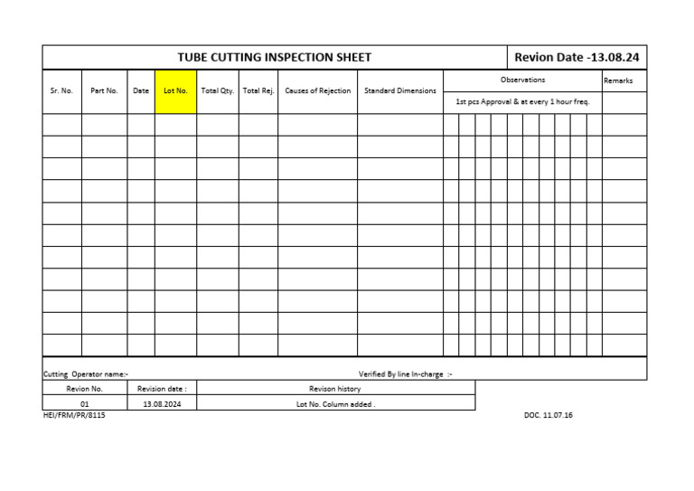 Tube Cutting Inspection Sheet Template | PDF