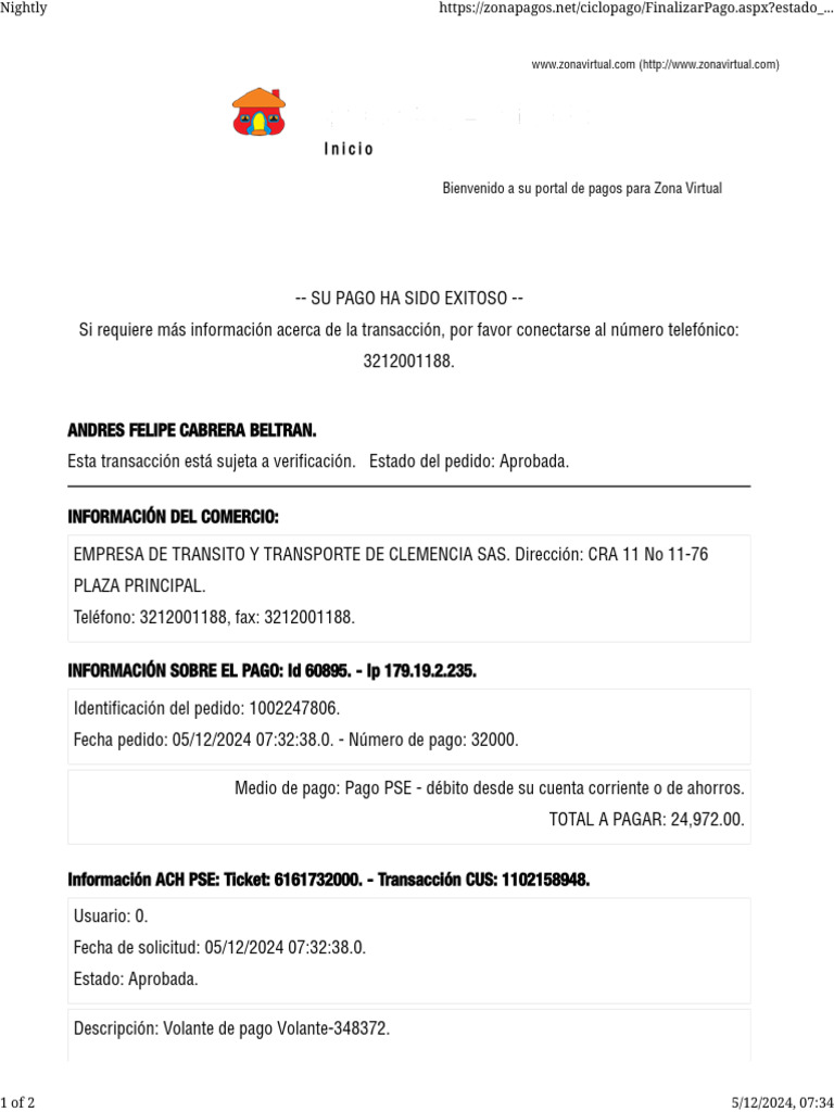 Pago Aprobado en Zona Virtual 2024 | PDF