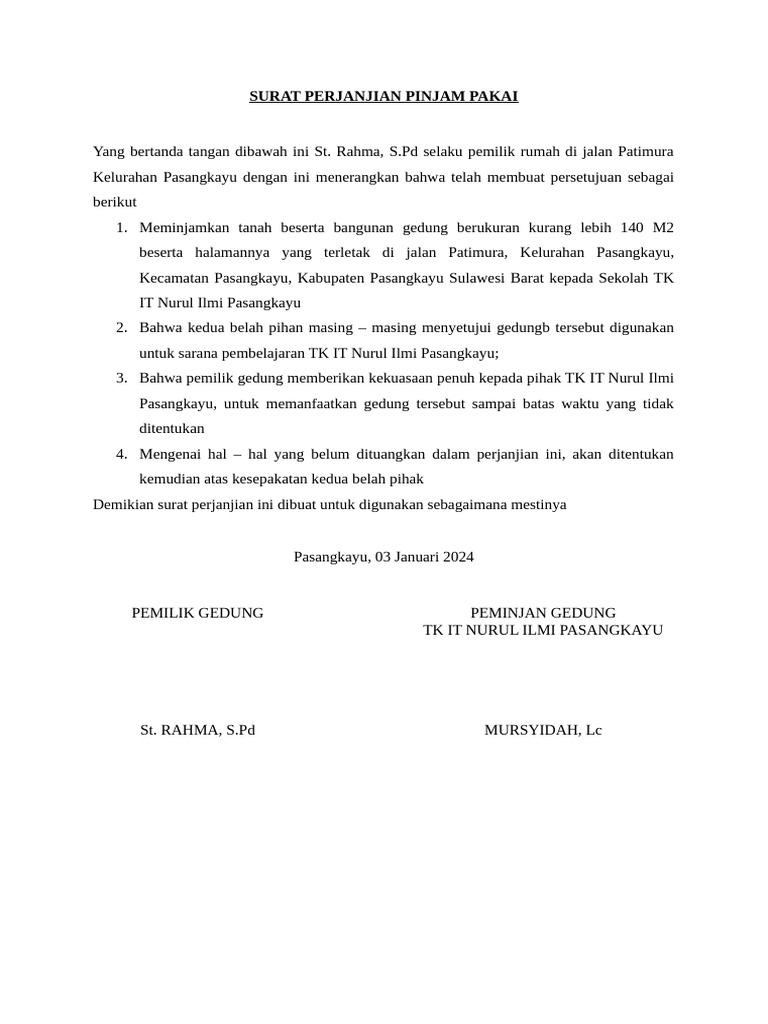 Contoh SURAT PERJANJIAN PINJAM PAKAI | PDF