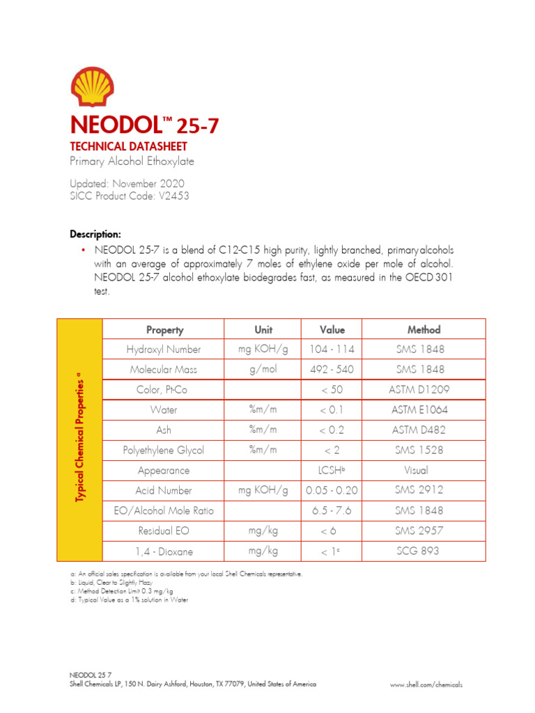Neodol 25 7 Tds Nov 2020 | PDF | Mole (Unit) | Chemistry
