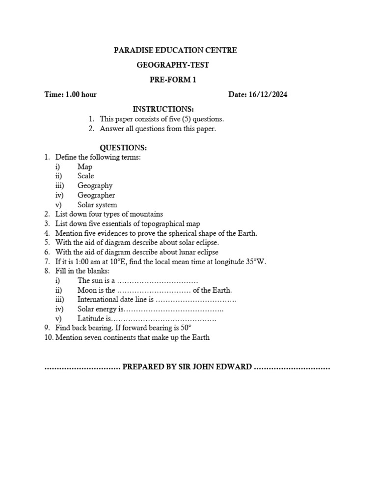 Pre-Form 1-Geography-Test-16.12.2024 | PDF