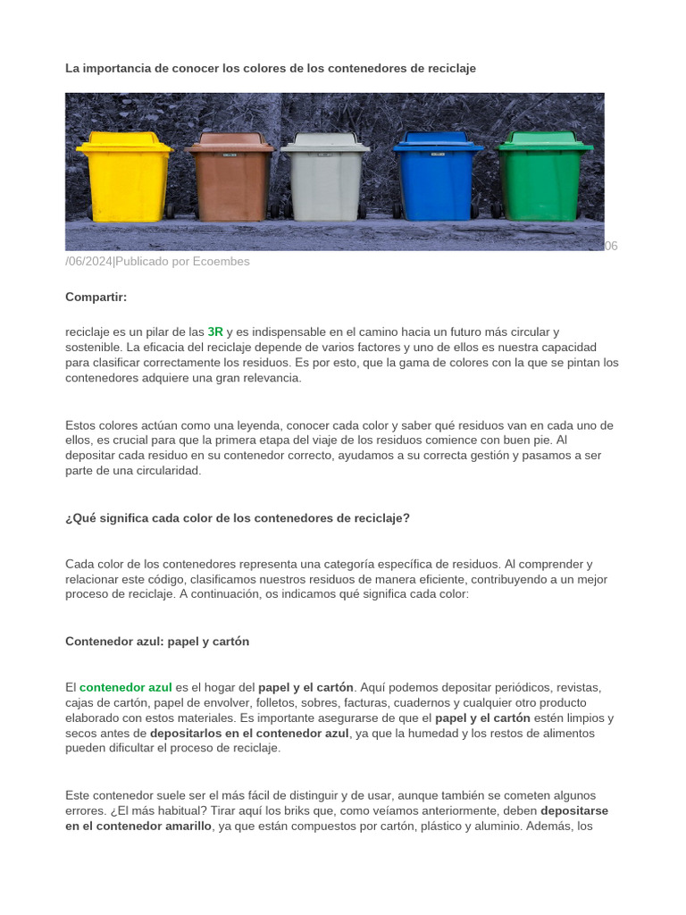 Colores de Contenedores de Reciclaje | PDF | Reciclaje | Residuos