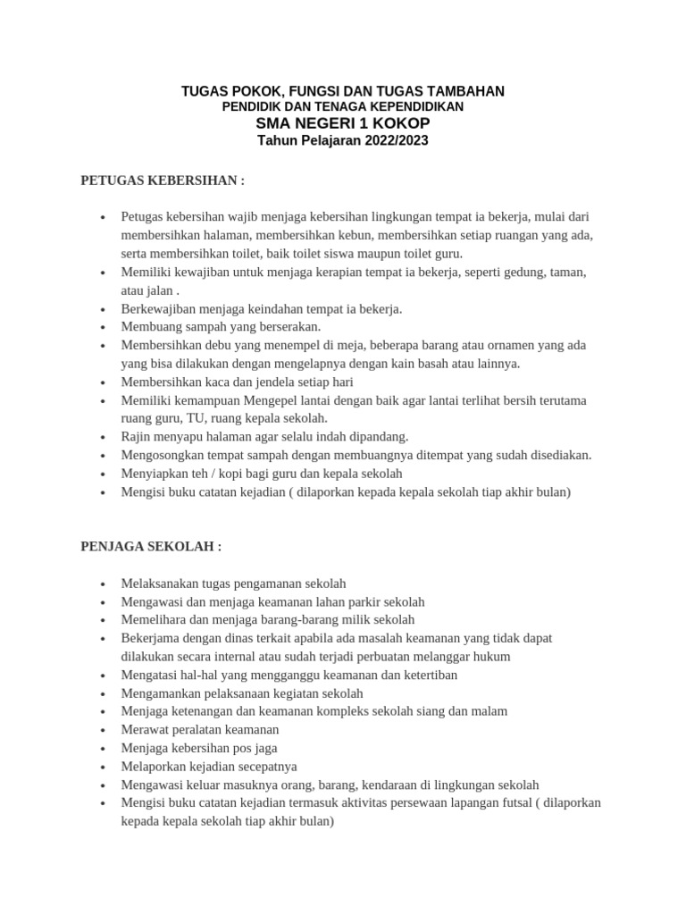 Tugas Staf Kebersihan & Keamanan SMA | PDF