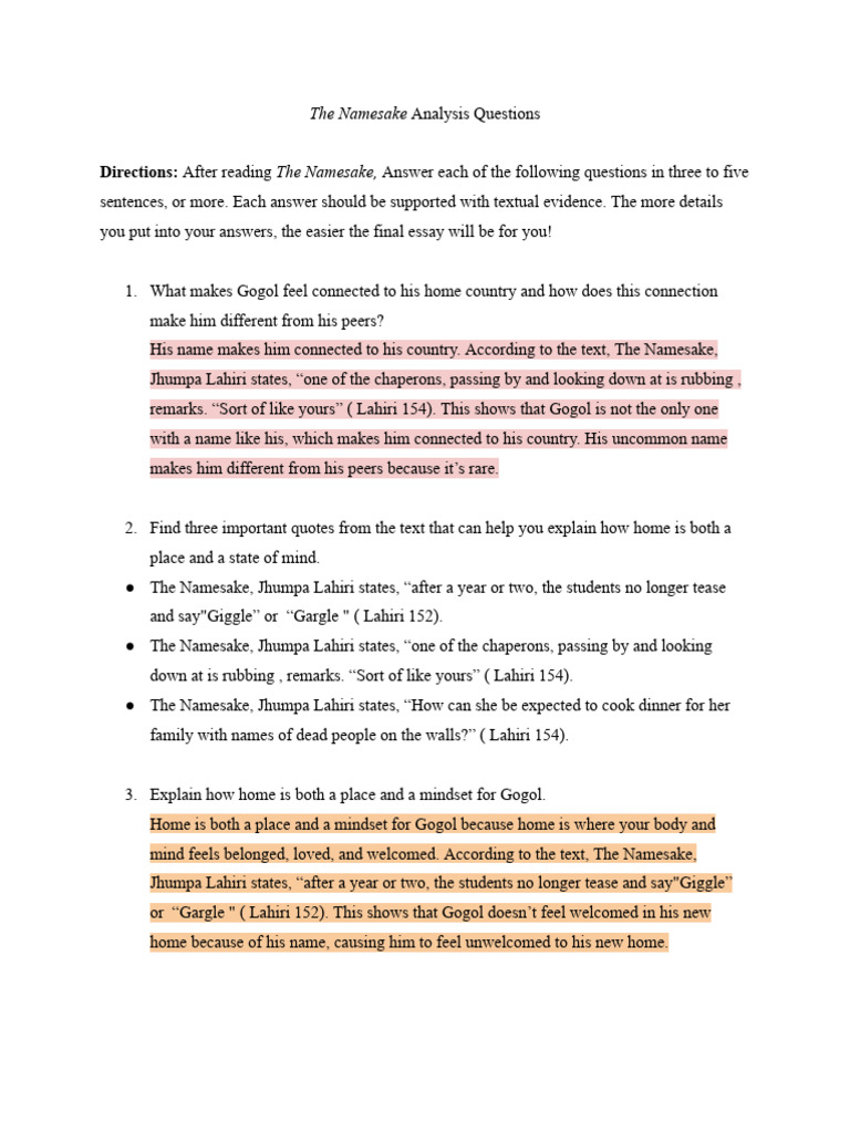The Namesake Analysis Questions | PDF