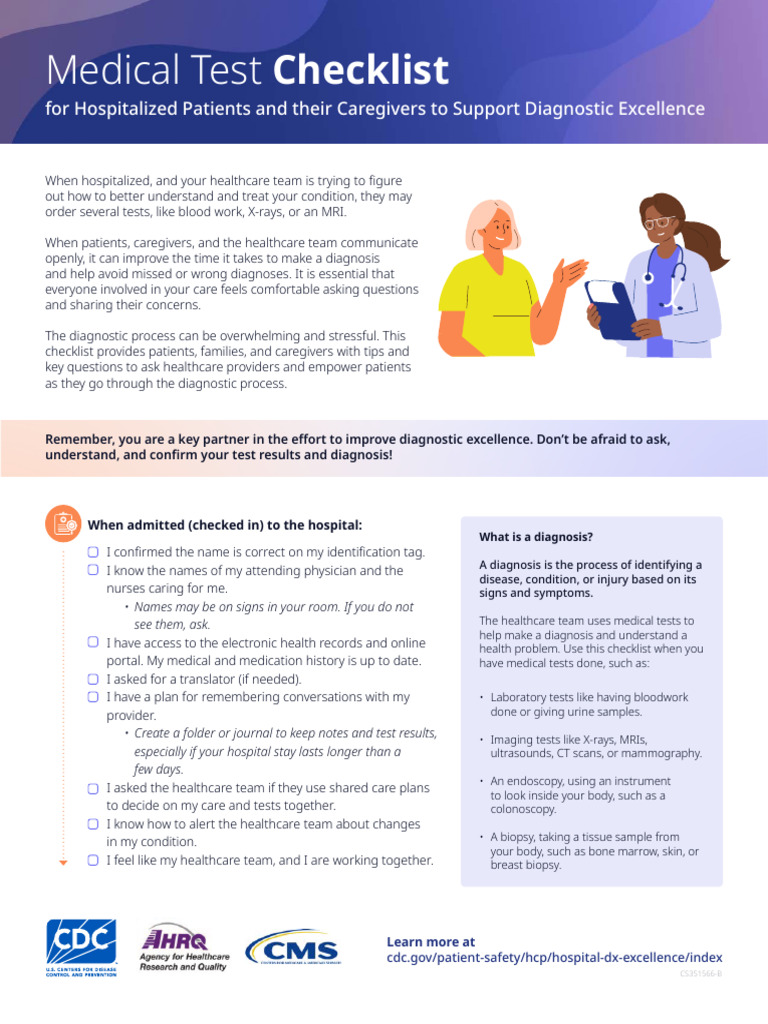 Hospital Patient Test Checklist Guide | PDF | Medical Diagnosis | Caregiver