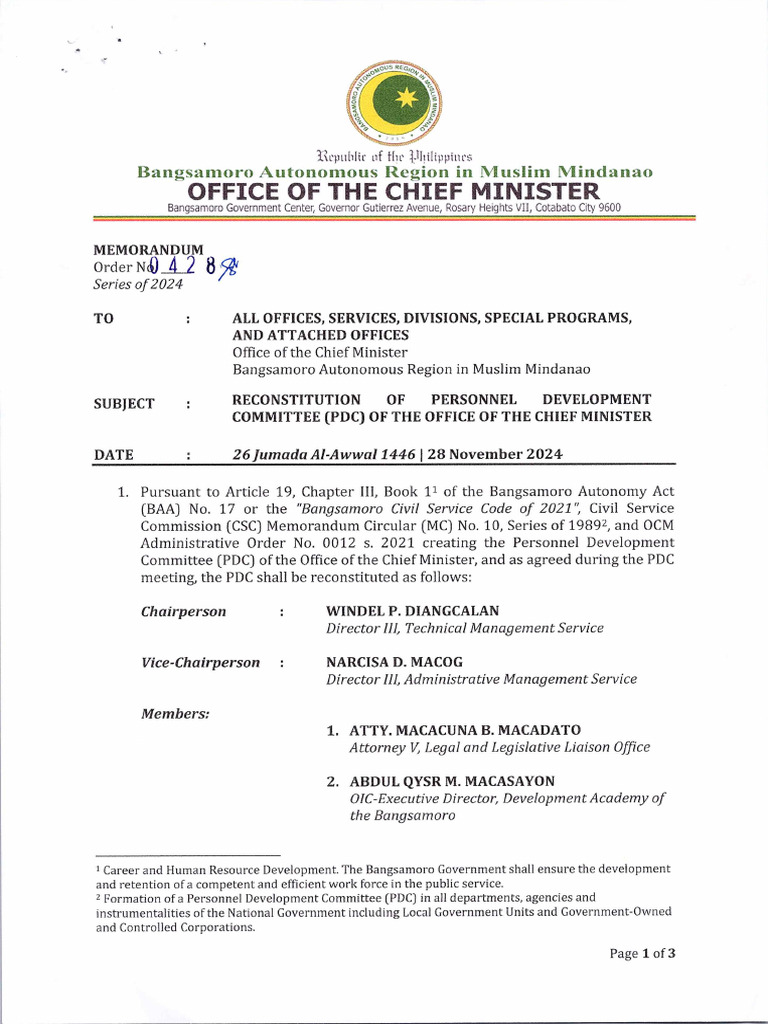 Memorandum Order No. 0428 S. 2024 Reconstitution of Personnel ...