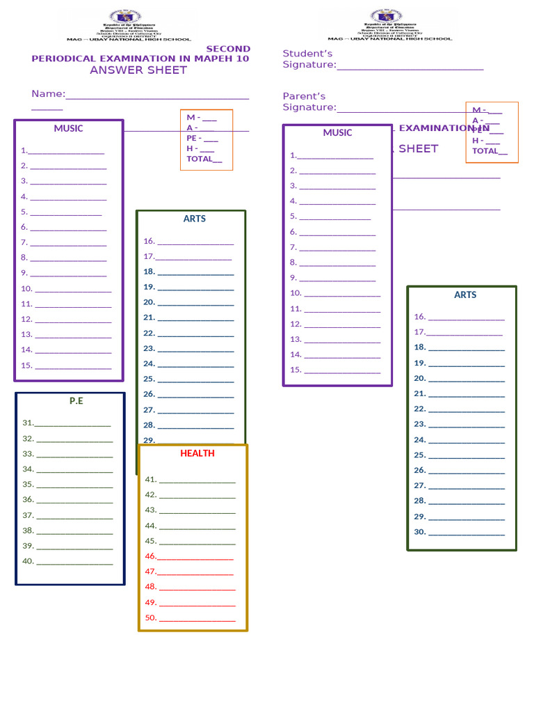 Answer Sheet Periodical Exam 50 Mapeh 10 | PDF | Qualifications