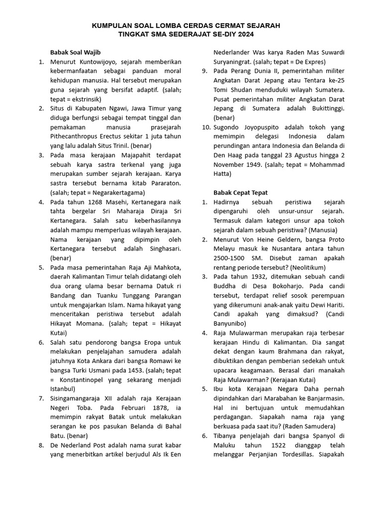 Soal Cerdas Cermat Sejarah SMA DIY 2024 | PDF