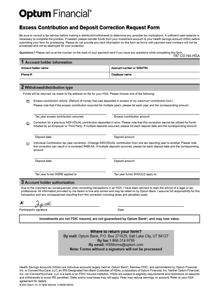 HSA OB Excess Contribution Deposit Correction Request | PDF