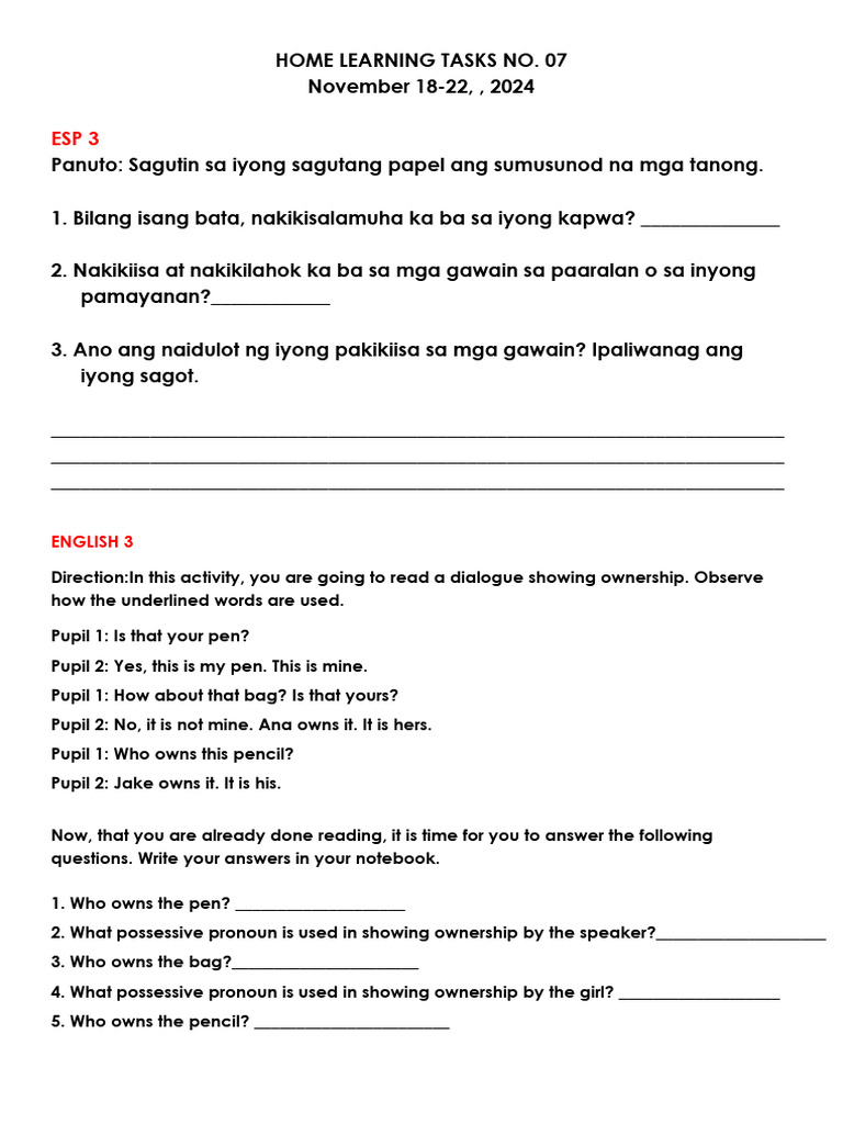 Home Learning Tasks No.07 | PDF