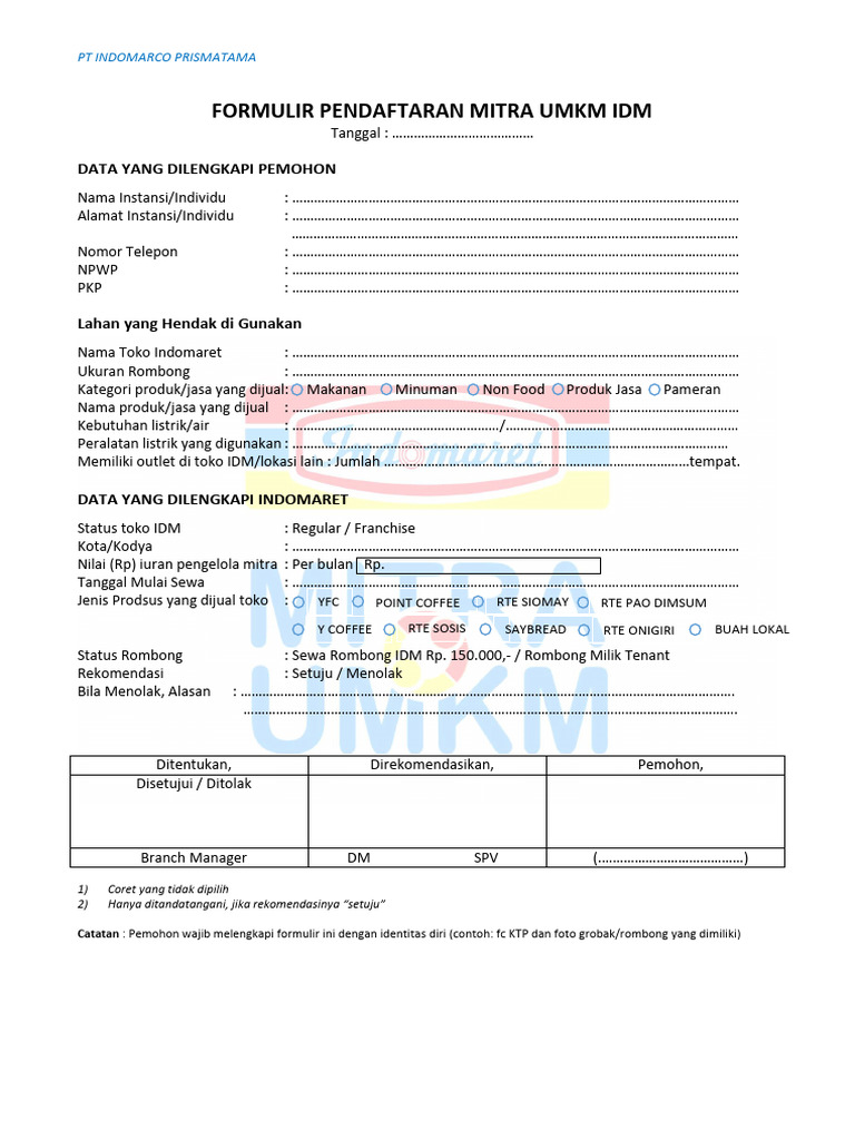 FORMULIR PENDAFTARAN MITRA UMKM IDM | PDF