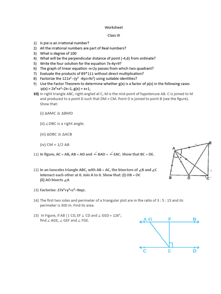 Class IX Math Worksheet Questions | PDF
