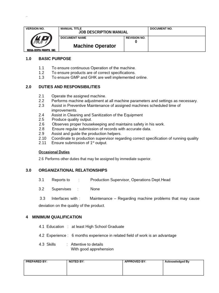 JDM Assistant Machine Operator | PDF