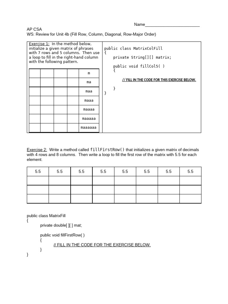 10a. WS Review U4b Matrix FR Row Col Diag | PDF | Computer Programming ...
