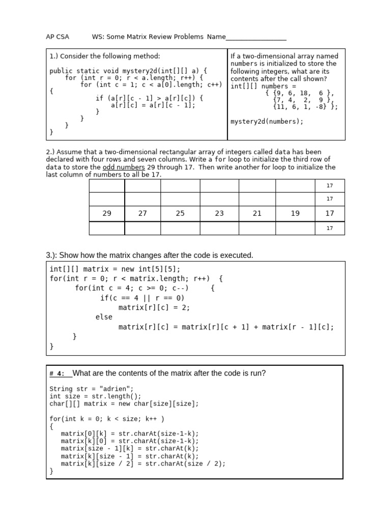 10b. WS Some Matrix Review Extra Practice U4a U4b SOL | PDF | Computing | Software Engineering