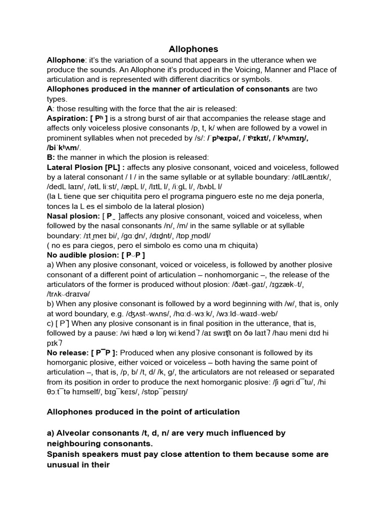 Allophones | PDF | Consonant | Syllable