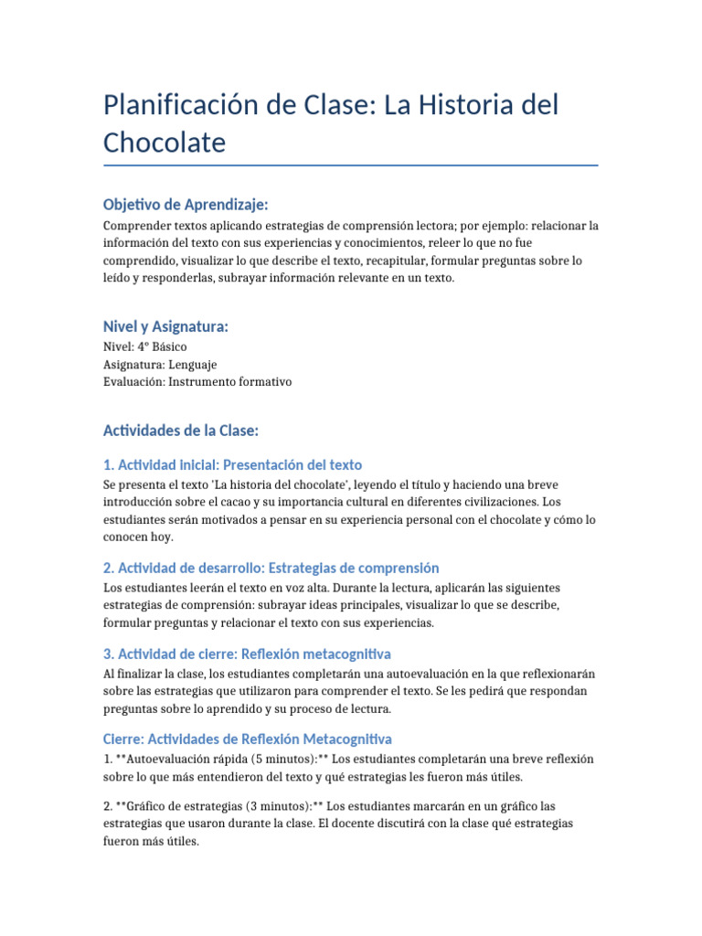 Estrategias de Lectura: Historia del Chocolate | PDF | Comprensión ...
