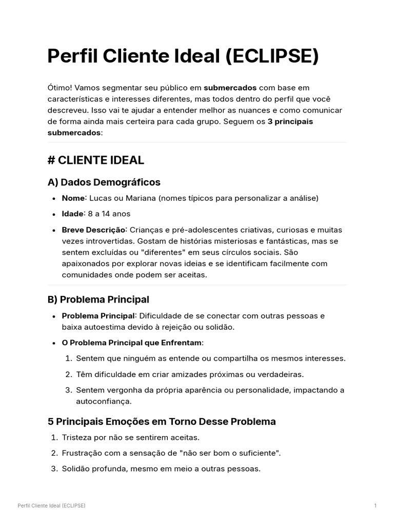 Perfil Cliente Ideal (ECLIPSE) | PDF | Solidão | Autoestima