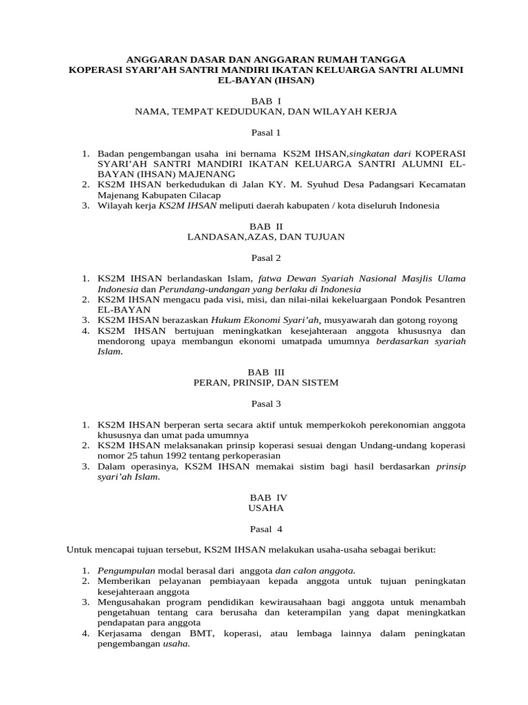Anggaran Dasar Koperasi 212 Mitra Ummat Global | PDF