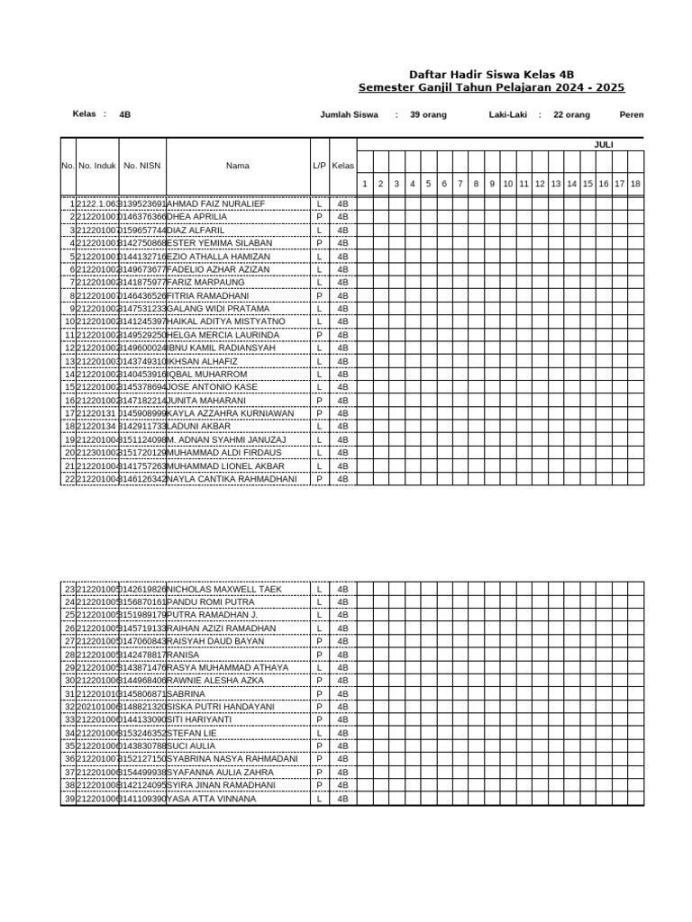 Contoh Absensi Siswa Rekap Otomatis Semester Ganjil | PDF