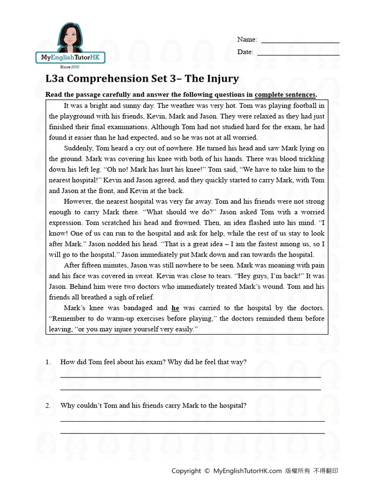 Level 4 Comprehension 3 The Injury | PDF