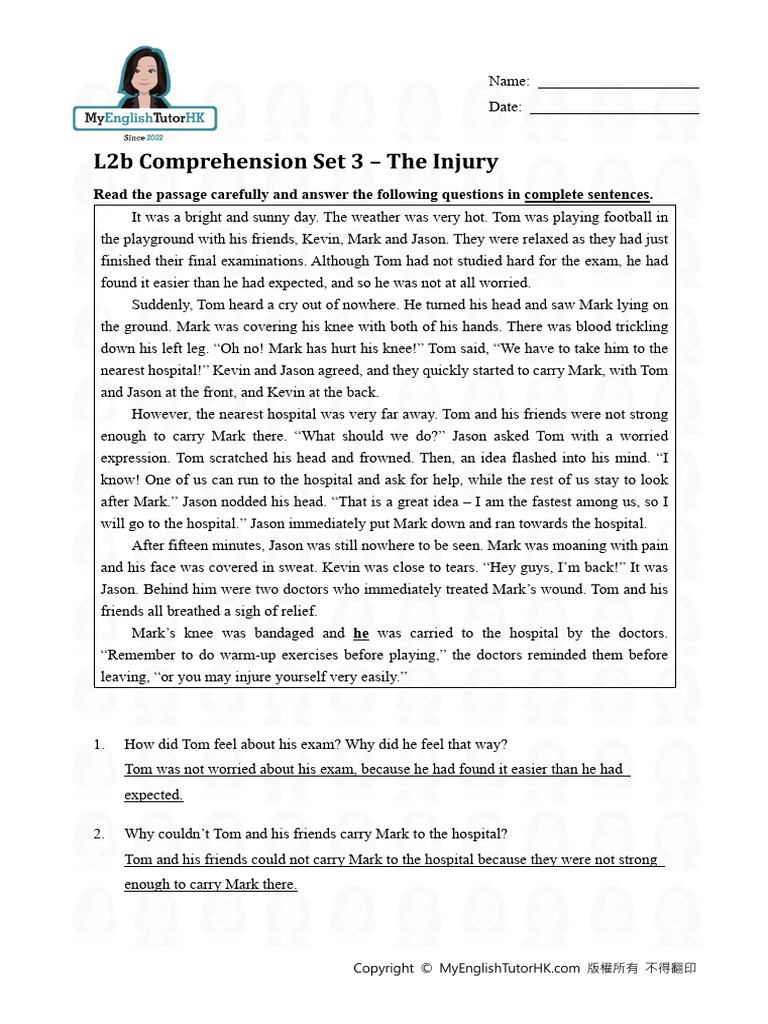 Level 4 Comprehension 3 The Injury Ans | PDF