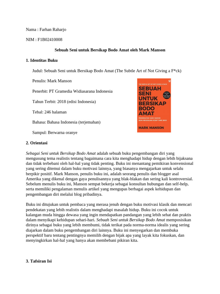 Ulasan Buku Sebuah Seni Untuk Bersikap Bodo Amat | PDF