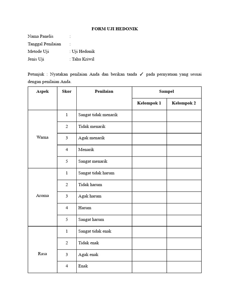 Form Uji Hedonik | PDF