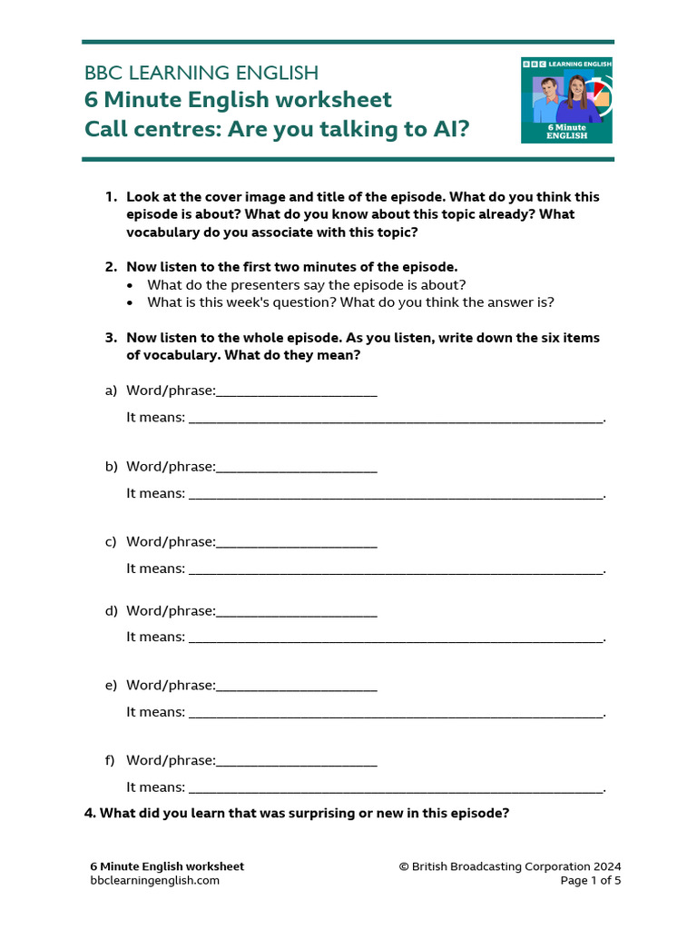 6 Minute English Call Centres Are You Talking To Ai Worksheet | PDF ...