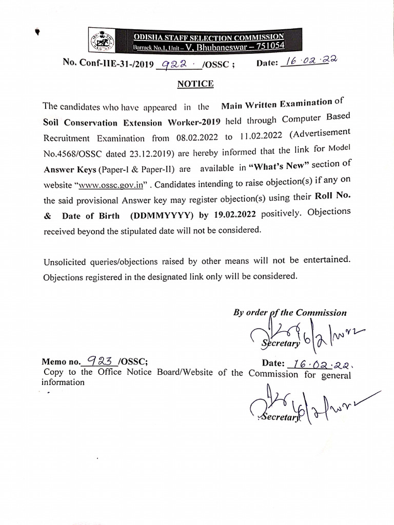 Answer Key Notice OSSC Soil Conservation Extension Worker | PDF