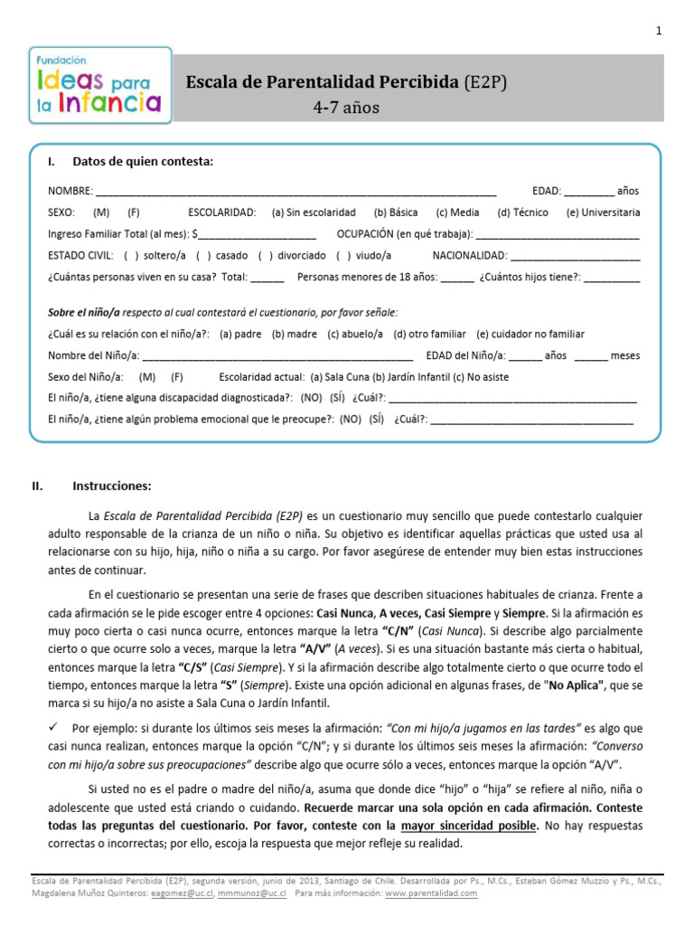 Escala de Parentalidad Percibida Versión 4-7 Años (54 Ítems) | PDF