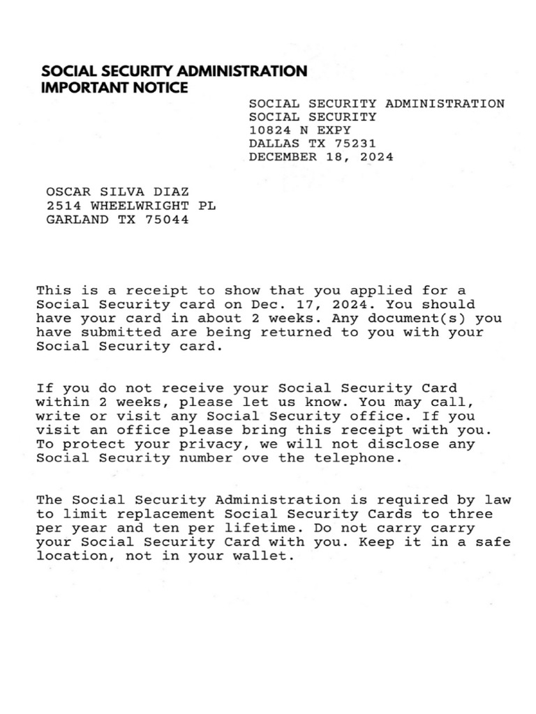 Social Security Application Receipt | PDF