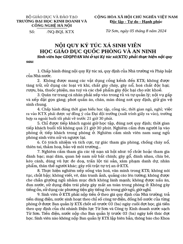 N I Quy KTX Sinh Viên 2024 | PDF