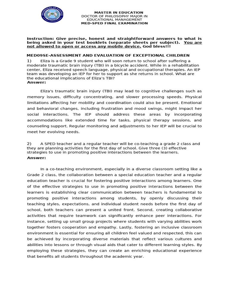 Final exam | PDF | Inclusion (Education) | Special Education