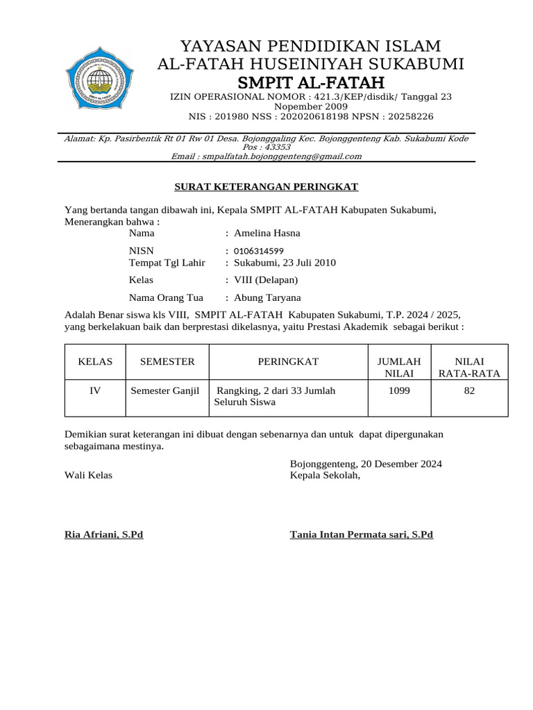 SURAT KETERANGAN PERINGKAT | PDF