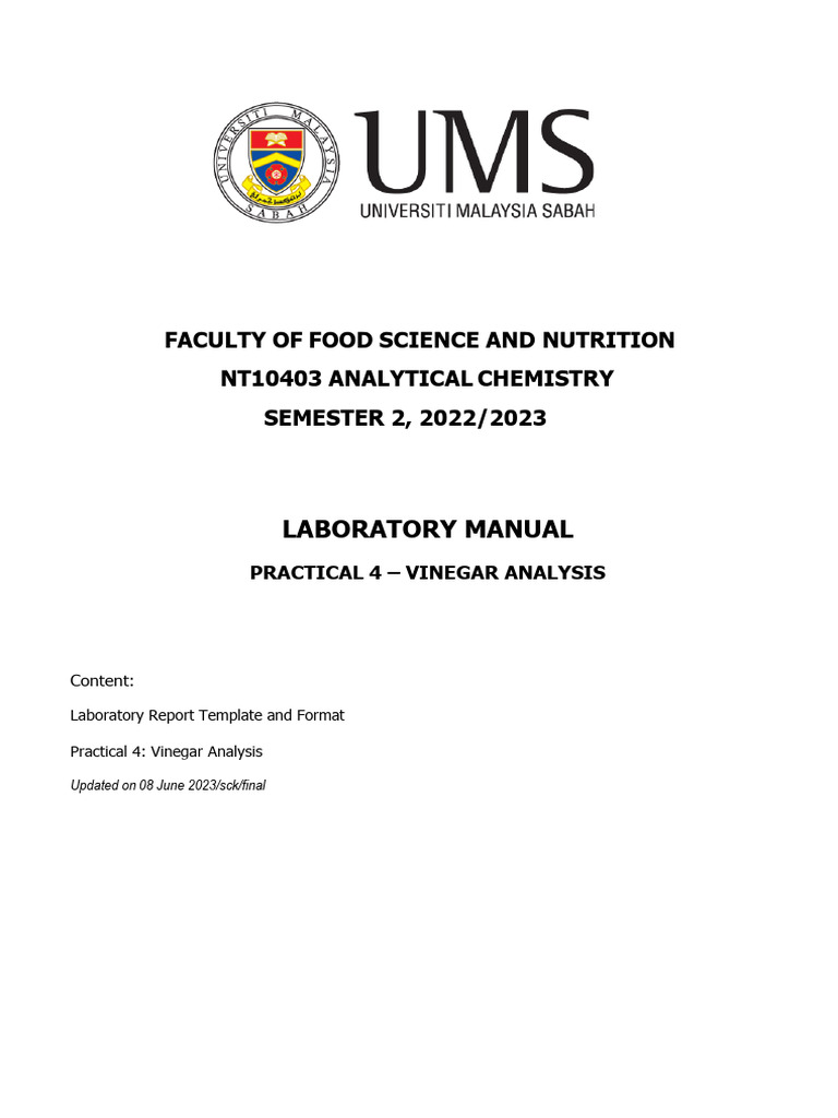 2023NT10403 - FINAL Laboratory Manual For Practical 4 (Vinegar Analysis) v08 June 2023 | PDF ...
