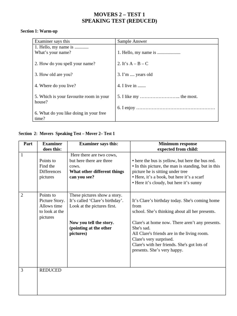 Movers 2 - Test 1 (Reduced) - GV | PDF