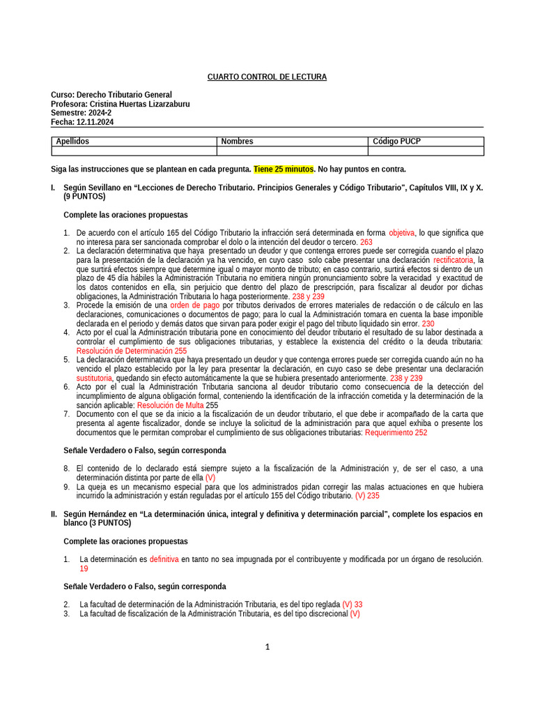 PUCP Solucionario Cuarto Control de Lectura | PDF | Pagos | Estatuto de limitaciones