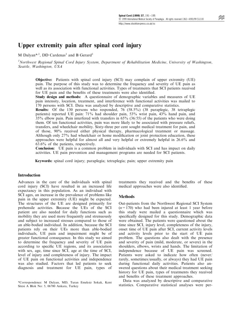 Upper Extremity Pain After Spinal Cord Injury: Objective | PDF | Pain ...