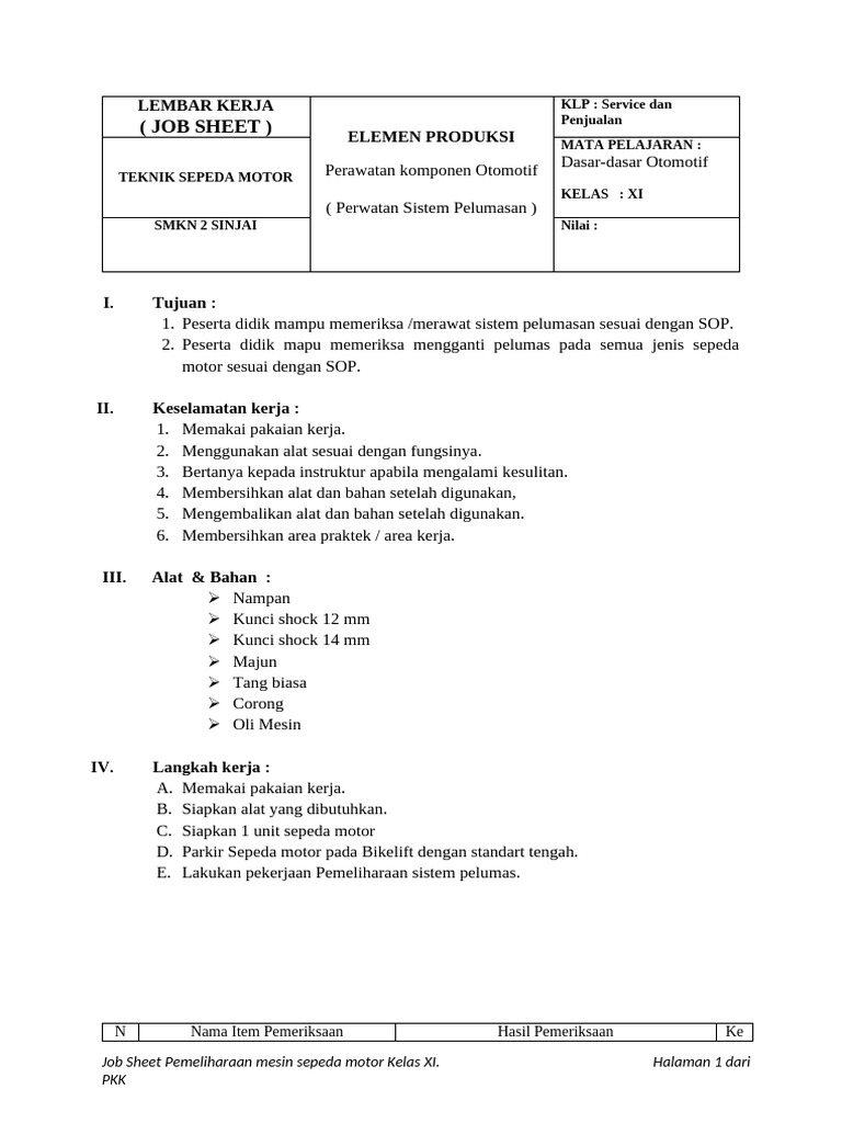 JOB SHEET perawatan engine sepeda motor klp service | PDF