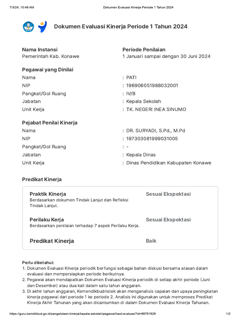 Dokumen Evaluasi Kinerja Periode 1 Tahun 2024 | PDF