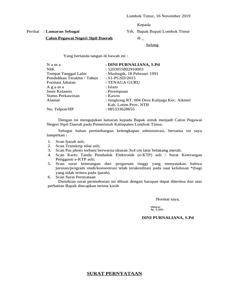 Contoh Lamaran CPNS 2019 Dan Pernyataan | PDF