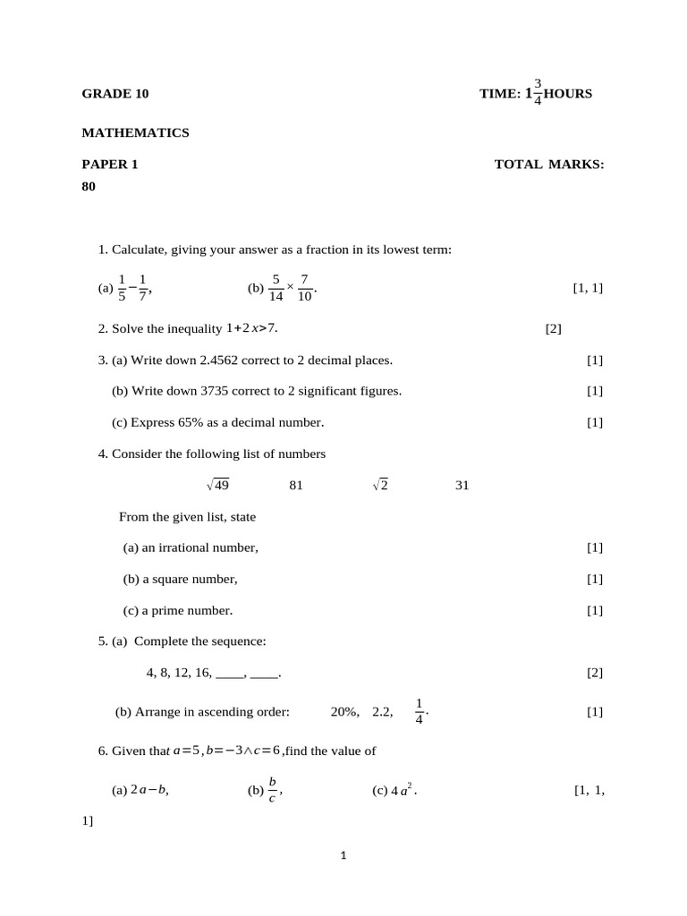 Grade 10 P1 Maths | PDF