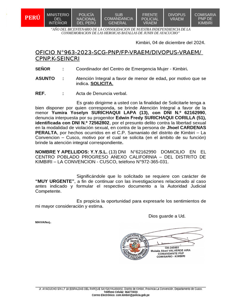 Oficio Cem de La Menor Surichaqui | PDF | Perú | Justicia