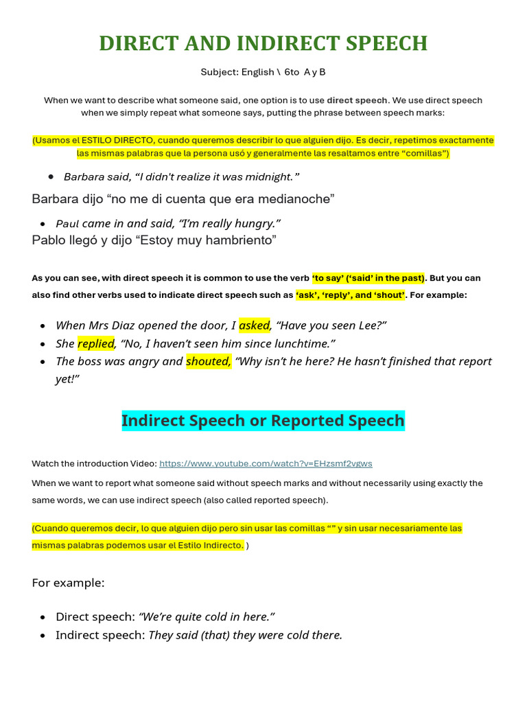 Direct vs Indirect Speech Guide | PDF | Question | Syntax