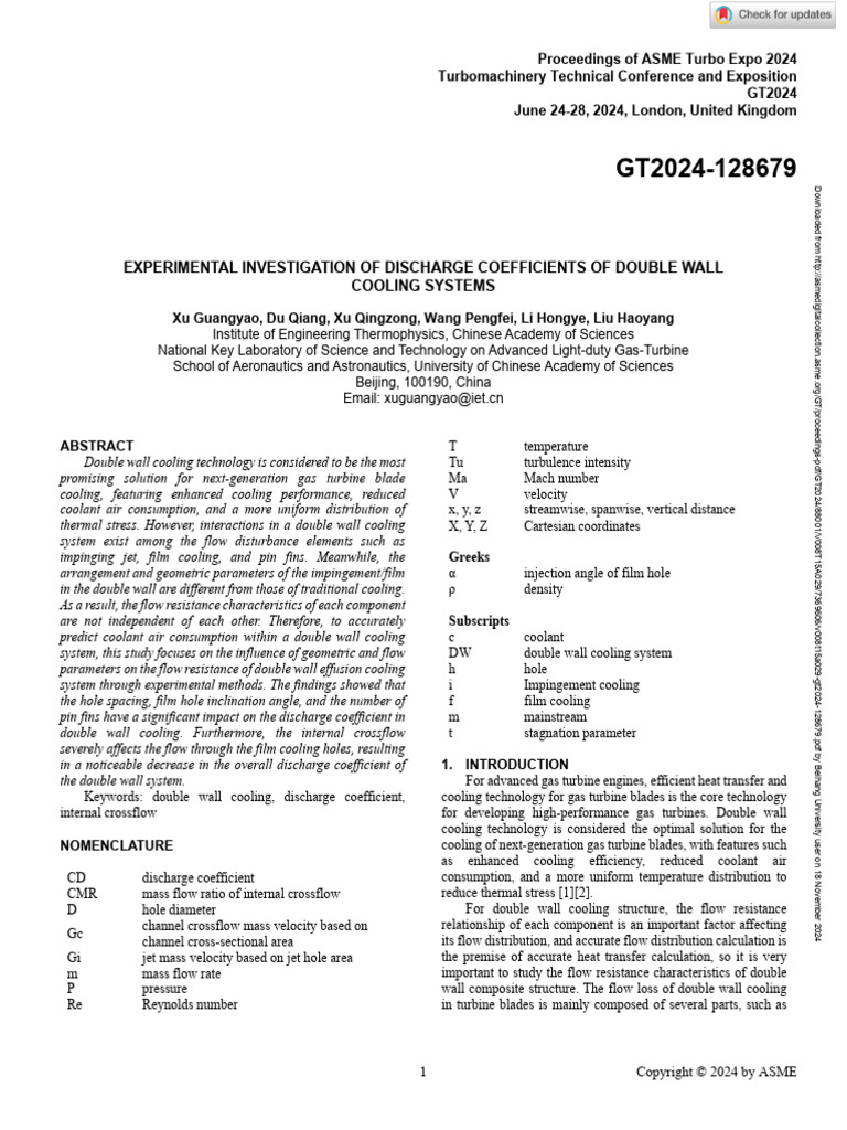 Experimental Investigation of Discharge Coefficients of Double Wall Cooling Systems | PDF | Flow ...