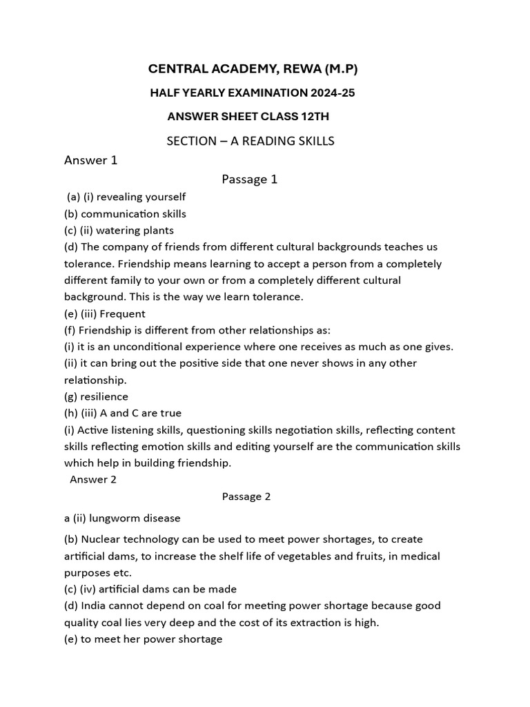 Class 12 English Core Answer Sheet | PDF | News