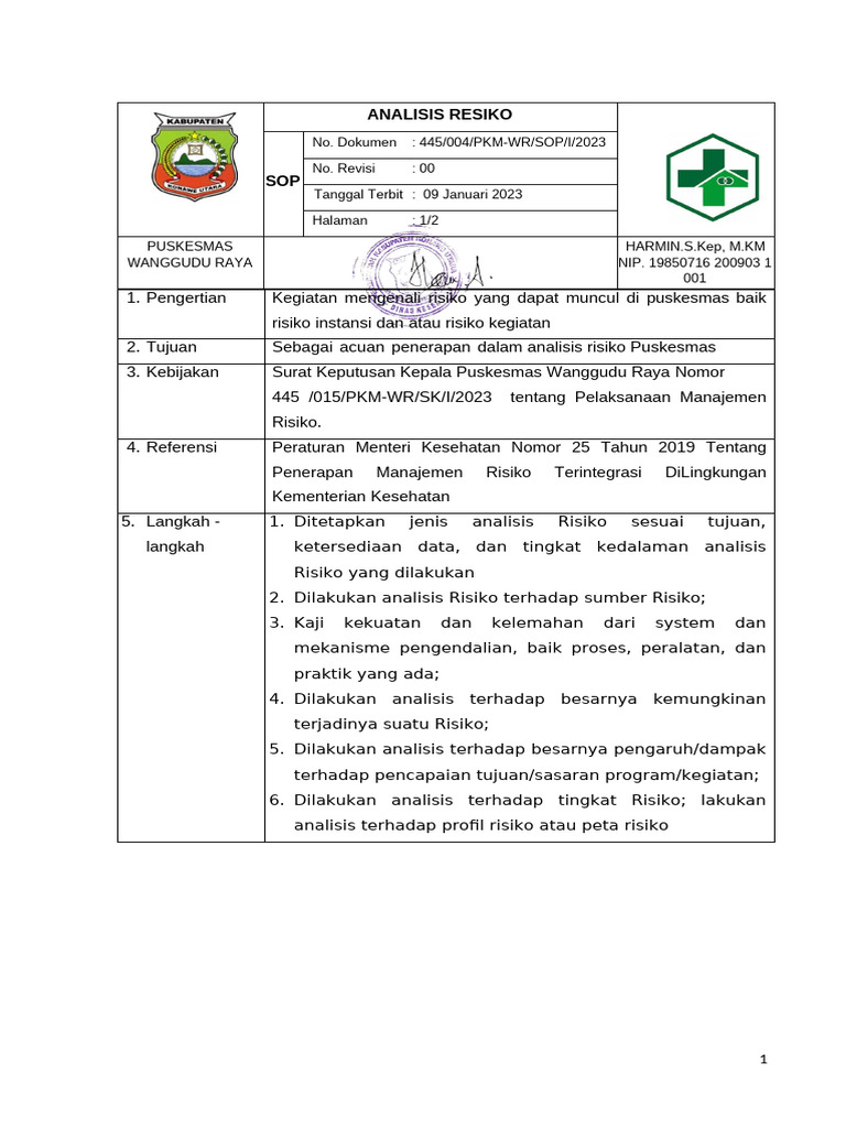 A.1. SOP ANALISIS RESIKO | PDF