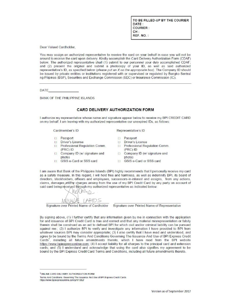 Bpi Credit Card Delivery Authorization Form | PDF